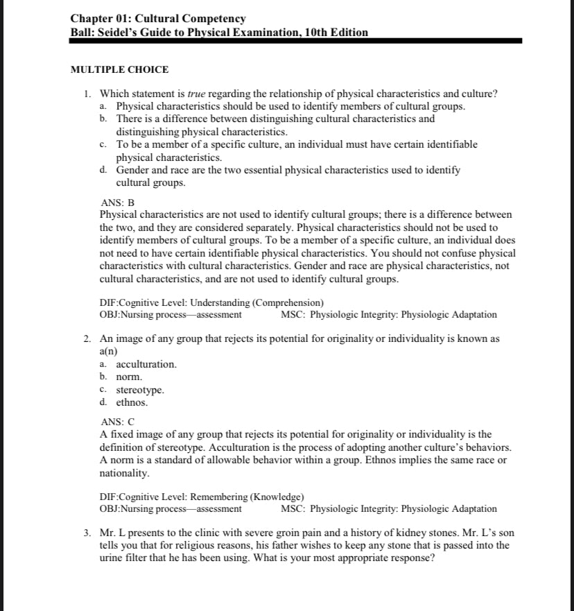 Test Bank – Seidel’s Guide to Physical Examination, 10th Edition ...